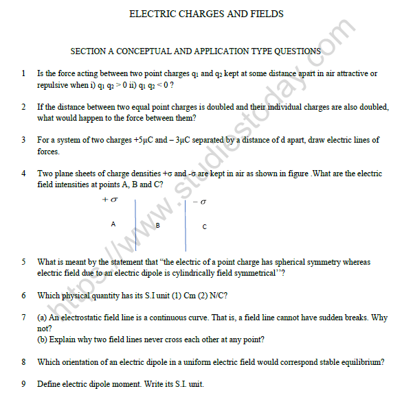 CBSE Class 12 Physics Electric Charges And Fields Worksheet Set D
